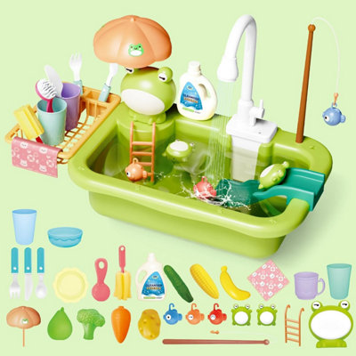 Green Frog Kitchen Play Sink with Running Water Pretend Play Wash-up ...