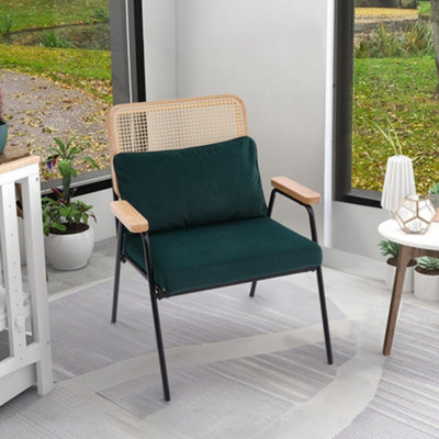 Green Frosted Velvet Effect Armchair Rattan Back Metal Frame Arm Chair ...