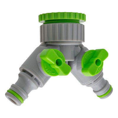 Green/Grey BSP Female Dual Outlet Tap Connector with Valves