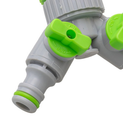 Green/Grey BSP Female Dual Outlet Tap Connector with Valves