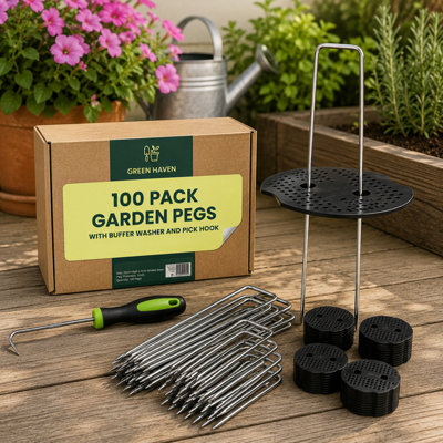 Green Haven 100Pack Garden Pegs with Buffer 15cm Heavy Duty Metal ...
