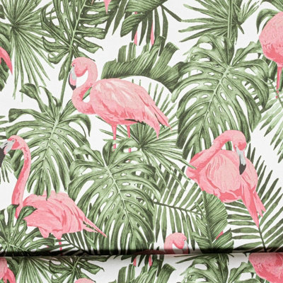 Green Leaf Wallpaper Pink Flamingos Textured Heavy Weight Feature Vinyl Wall Panels for Lounge ...