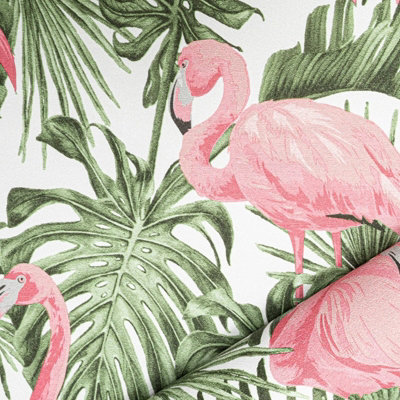 Green Leaf Wallpaper Pink Flamingos Textured Heavy Weight Feature Vinyl Wall Panels for Lounge ...