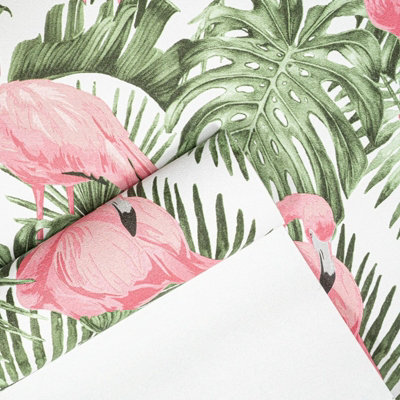 Green Leaf Wallpaper Pink Flamingos Textured Heavy Weight Feature Vinyl Wall Panels for Lounge ...