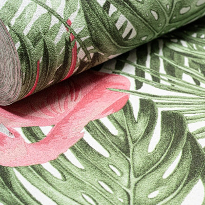 Green Leaf Wallpaper Pink Flamingos Textured Heavy Weight Feature Vinyl Wall Panels for Lounge ...