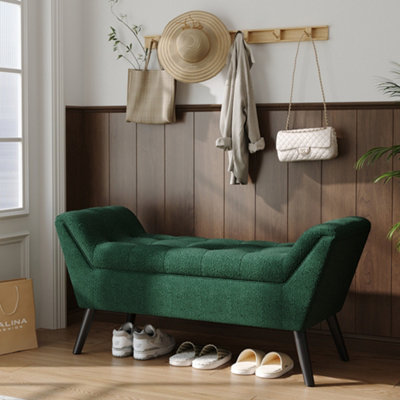 Green Linen Upholstered Hallway Bench Bed End Bench with Rubberwood Legs W 120 x D 450