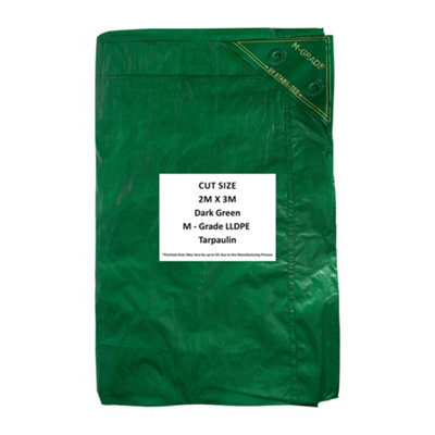 Green M Grade LLDPE Tarpaulin 2m x 3m 100gsm reinforced hems and eyelets