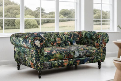 Green Nature Floral Pattern Patchwork 2 Seater Chesterfield Sofa