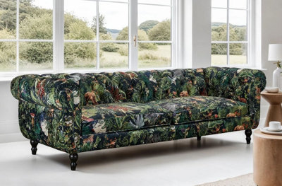 Green Nature Floral Pattern Patchwork 3 Seater Chesterfield Sofa