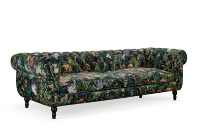 Green Nature Floral Pattern Patchwork 3 Seater Chesterfield Sofa