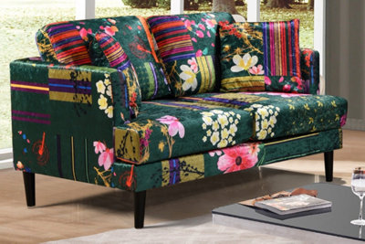 Green Patchwork Fabric 2 Seater Multicolour Sofa