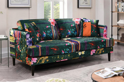 Green Patchwork Fabric 3 Seater Sofa