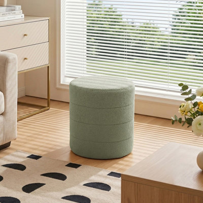 Green Round Teddy Fleece Upholstered Footstool, 43cm Dia x 46cm H