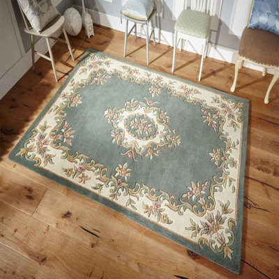 Green Traditional Bordered Floral Handmade Wool Rug for Living Room and ...