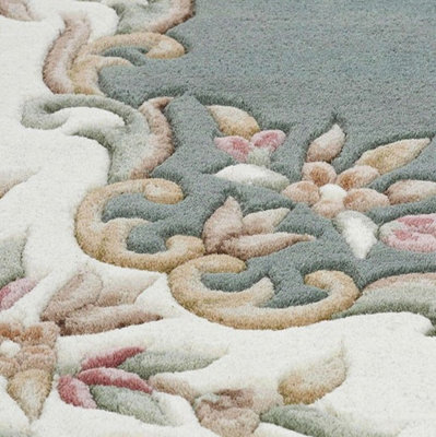 Green Traditional Bordered Floral Handmade Wool Rug for Living Room and ...