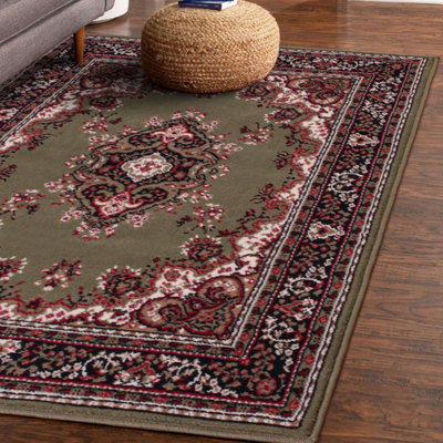 Green Traditional Floral Bordered Rug Easy to clean Dining Room-60cm X ...