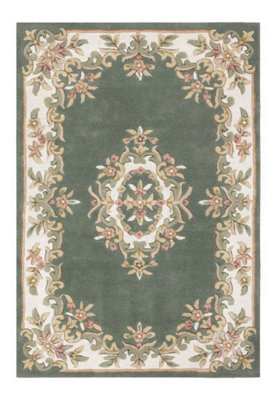 Green Traditional Rug, Bordered Floral Rug, Handmade Wool Rug with 20mm ...