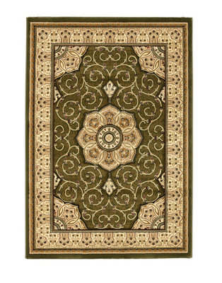 Green Traditional Rug, Bordered Floral Rug, Stain-Resistant Rug, Green ...