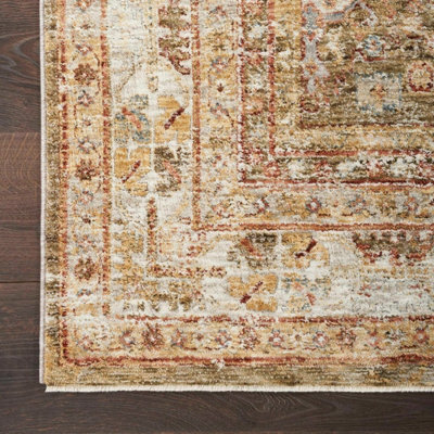 Green Traditional Rug, Bordered Geometric Anti-Shed Rug, 5mm Thickness ...