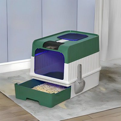 Green & White Large Fully Enclosed Cat Litter Box with UV Sterilization ...