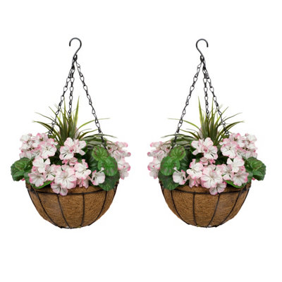 GreenBrokers 2 x Artificial Pink Geraniums Coco Coir Hanging Baskets ...