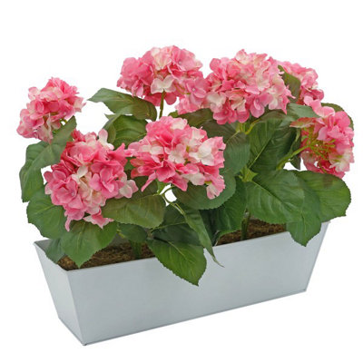 GreenBrokers Artificial Pink Hydrangea Flower in White Tin Window Box ...