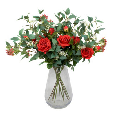 GreenBrokers Artificial Red Flower Bouquet with Roses, Elderflower, Berries & Greenery