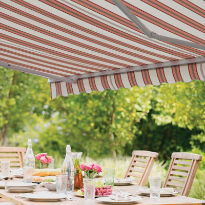 Greenhurst Deluxe Easy Fit Kingston Awning 3m x 2m Manual, 280g/m Terracotta Stripe | DIY at B&Q