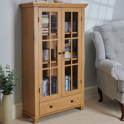 Greenhurst Oak Display Cabinet, Media Storage with Shelving and Drawer ...