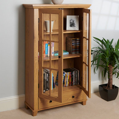Greenhurst Oak Display Cabinet, Media Storage with Shelving and Drawer ...