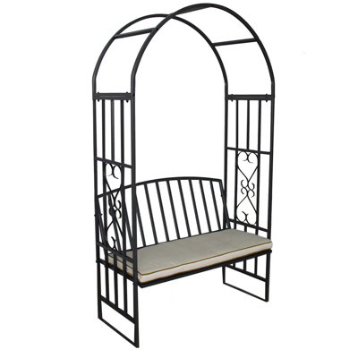 Greenhurst Outdoor Grey Metal Garden Arch Bench with Beige Cushion