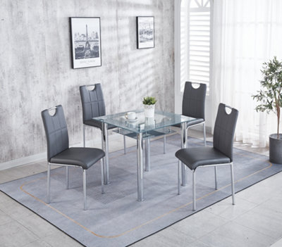 Grey 105cm Compact Dining Table with 4 Grey Faux Leather Dining Chairs Set