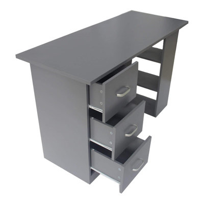 Grey 120cm Computer Desk PC Table Workstation w/ 3 Shelf & Drawers Dark ...