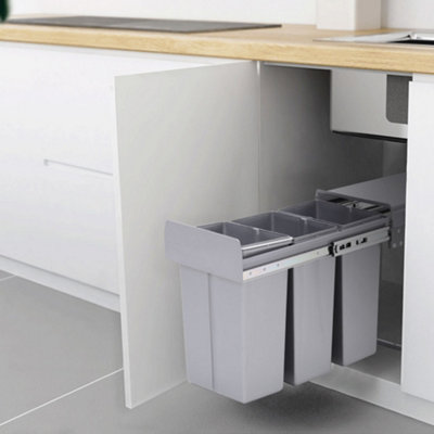 Grey 3 x 10L Rectangular Integrated Kitchen Pull Out Bin Waste and ...