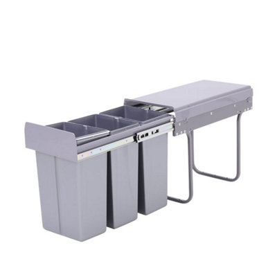 Grey 3 x 10L Rectangular Integrated Kitchen Pull Out Bin Waste and ...