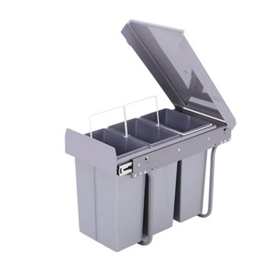 Grey 3 x 10L Rectangular Integrated Kitchen Pull Out Bin Waste and ...