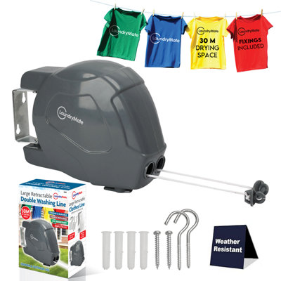 Grey 30m Retractable Clothes Reel Double Washing Line Wall Mounted Outdoor