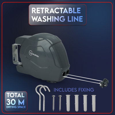 Grey 30m Retractable Clothes Reel Double Washing Line Wall Mounted Outdoor