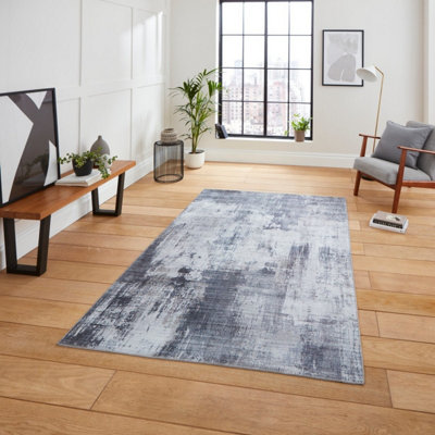 Grey Abstract Modern Rug Easy to clean Living Room and Bedroom-120cm X ...