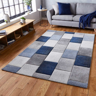 Grey/Blue Geometric Modern Machine Made Easy to Clean Rug for Living ...