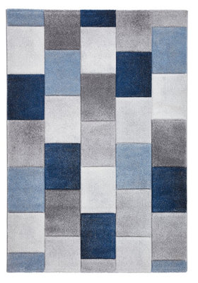 Grey/Blue Geometric Modern Machine Made Easy to Clean Rug for Living ...