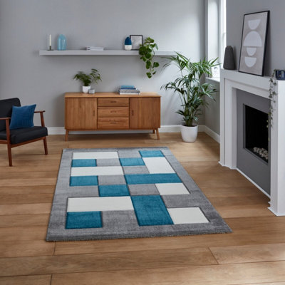 Grey Blue Modern Easy to Clean Bordered Chequered Geometric Rug For ...