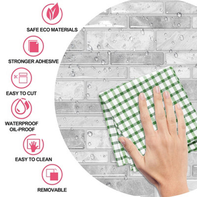 Grey Brick Effect Marble Pattern Self Adhesive Wall Tile Stickers 10Pcs ...