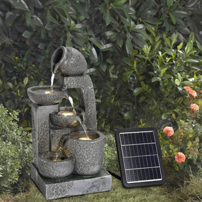 Grey Cascade Solar Powered Resin Water Fountain with LED Light 45 cm