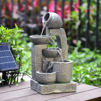 Grey Cascade Solar Powered Resin Water Fountain with LED Light 45 cm