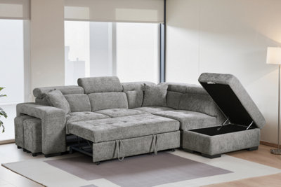 Grey Chenille Fabric Corner Sofa Bed with Storage and Ottomans 2C1 Sofabed