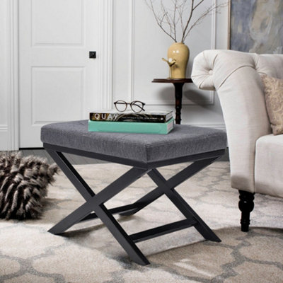Grey Classic Linen Upholstered Buttoned Footstool with X Shaped Legs W ...