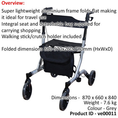 Grey Deluxe Ultra Lightweight Aluminium Rollator with 4 Wheels ...