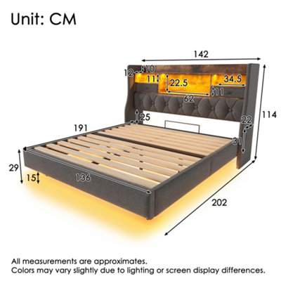 Grey Double Upholstered Bed Frame with LED Lighting, USB-C Charging ...