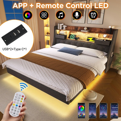 Grey Double Upholstered Bed Frame with LED Lighting, USB-C Charging ...